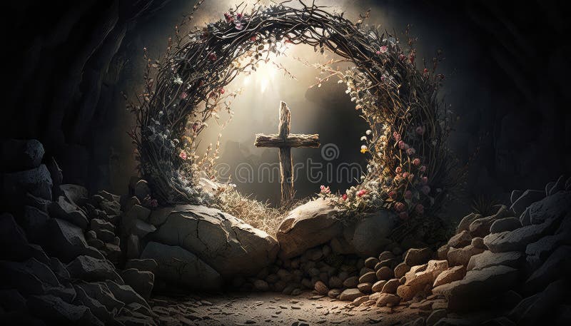 Resurrection - Light in an Empty Tomb with a Crucifix at Dawn. Stock ...