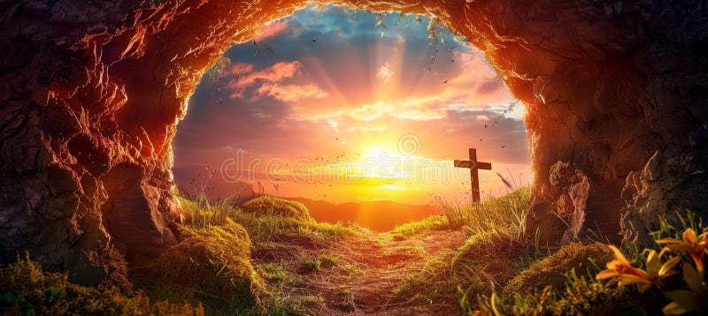 Resurrection Symbolized Empty Tomb at Sunrise with Cross Silhouetted on ...