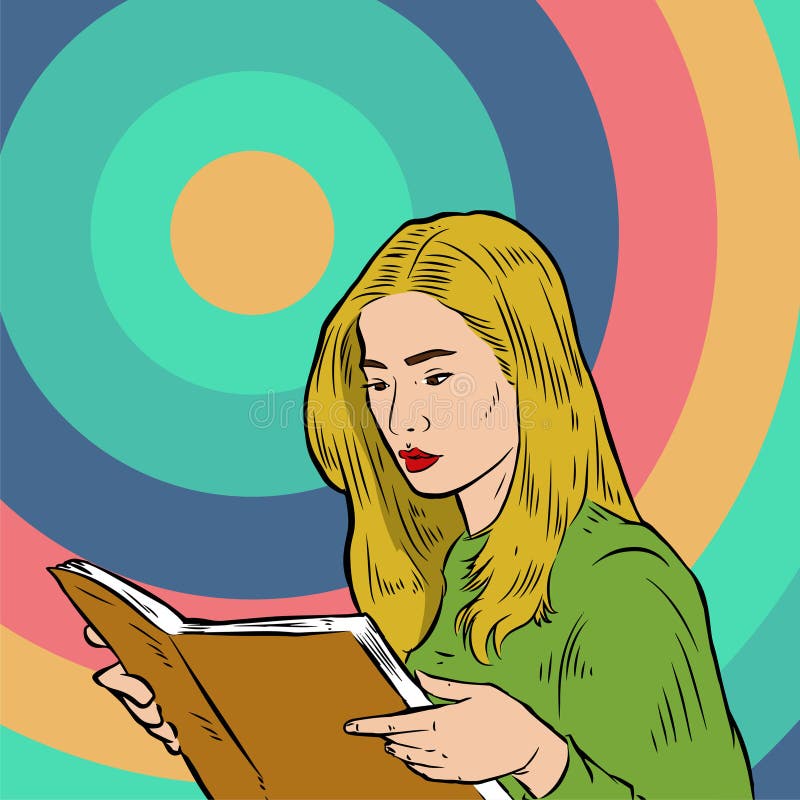 Illustration of a Young Woman Close Up Calmly Reading a Book. Stock ...