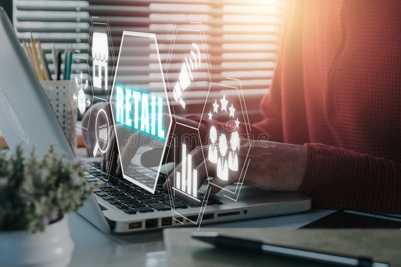 Person Using Laptop Computer Desk Retail Icon Virtual Screen Stock ...