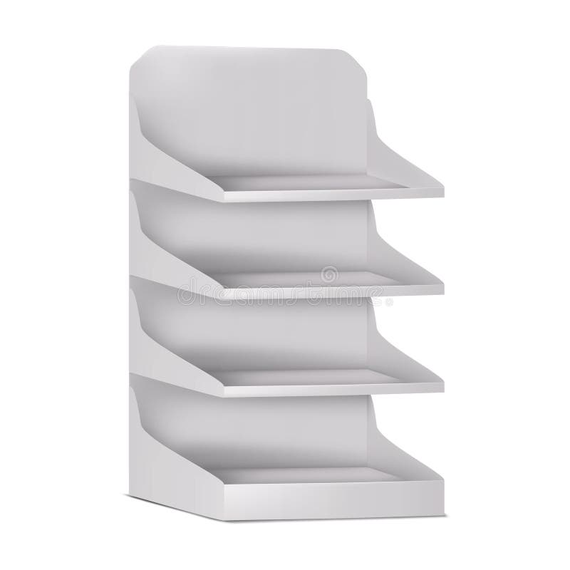 Retail Display Stand with Shelves Vector Mockup. Blank White Vertical ...