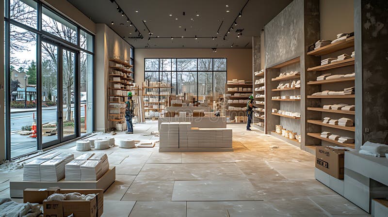 Retail Store Interior, Pre-opening Setup, Workers Unpacking, Suburban ...