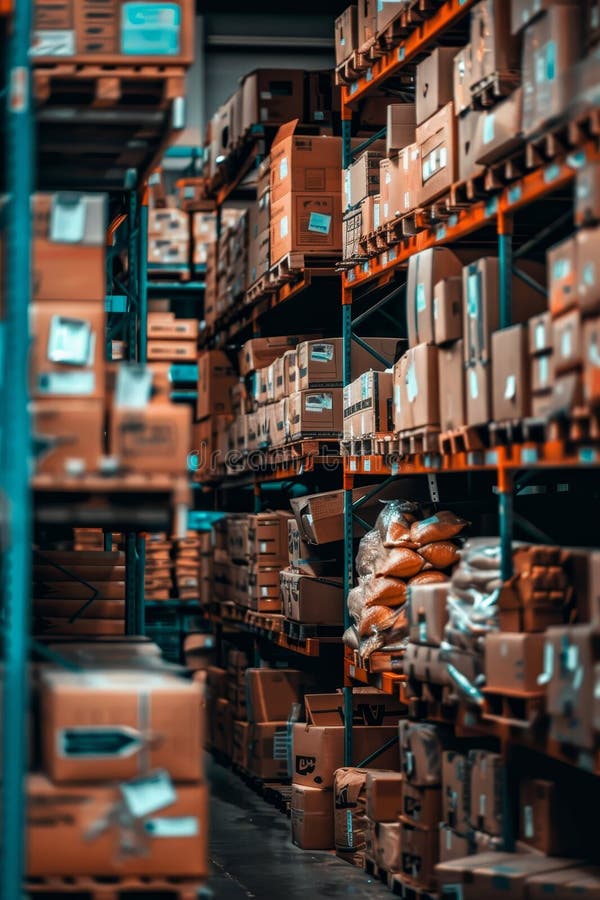 Big Retail Warehouse Full of Shelves with Goods Stored on Manual Pallet ...