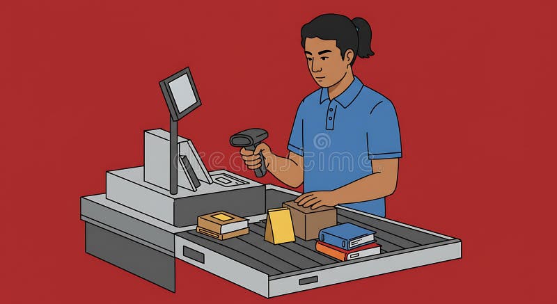 Retail Worker Scanning Items at Checkout Counter Stock Illustration ...