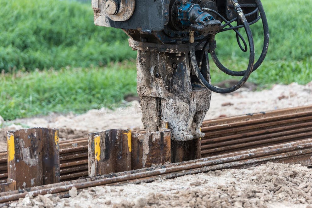 Retaining Wall Steel Sheet Pile Driving Machine Work Стоковое Фото ...