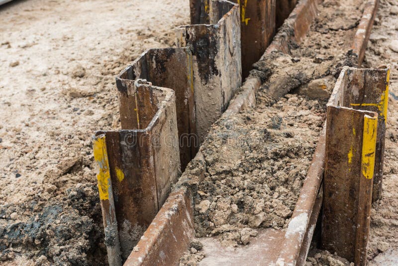 Retaining Wall Steel Sheet Pile Driving Machine Work Стоковое Фото ...