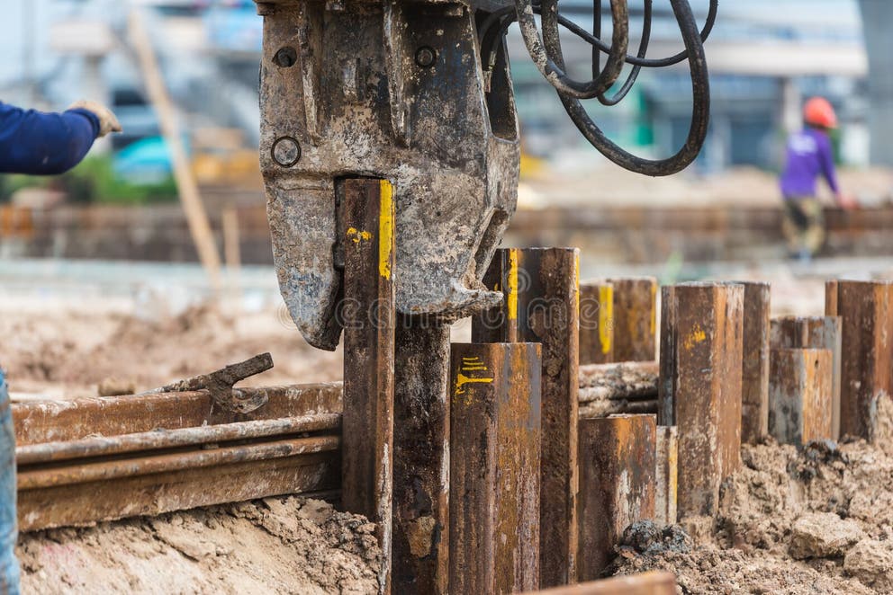 Retaining Wall Steel Sheet Pile Driving Machine Work Стоковое Фото ...