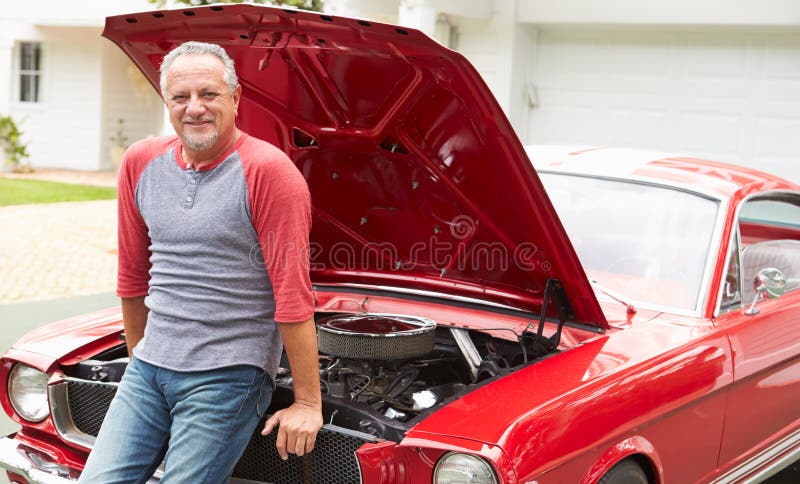 Retired Senior Man Working on Restored Classic Car Stock Image - Image ...