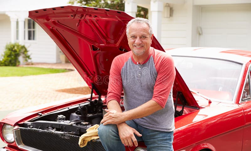 Retired Senior Man Working on Restored Classic Car Stock Image - Image ...
