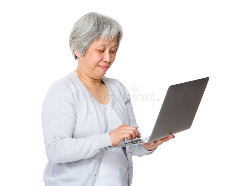 Retired Woman Use of Laptop Computer Stock Image - Image of elderly ...