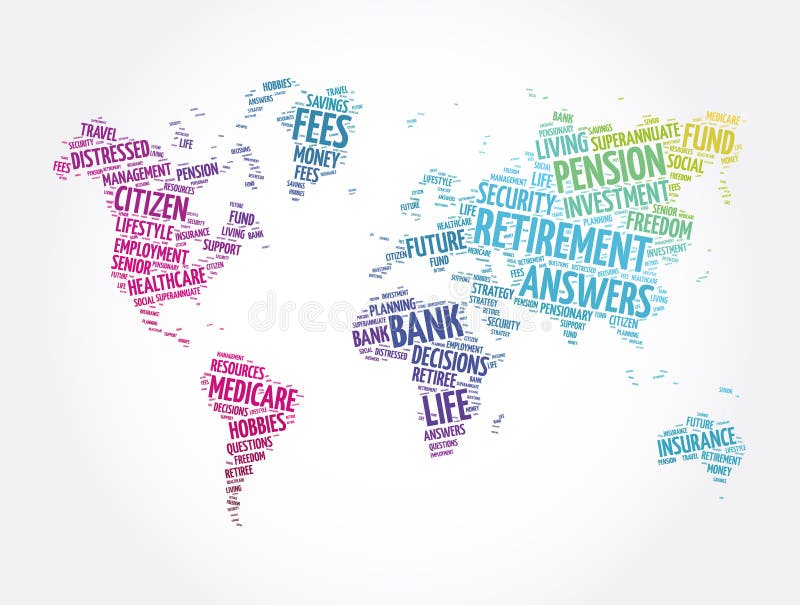 Retirement Word Cloud in Shape of World Map, Concept Background Stock ...