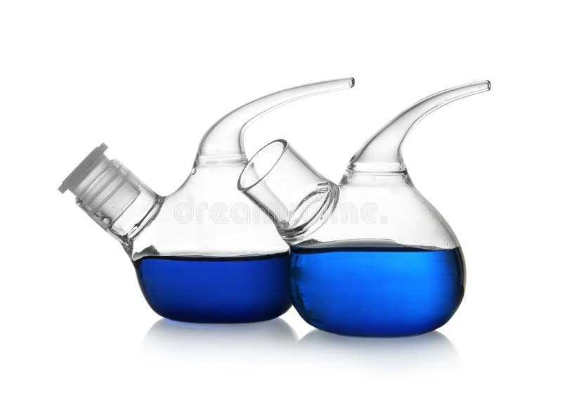 Retort Flasks with Blue Liquid Isolated. Laboratory Glassware Stock ...