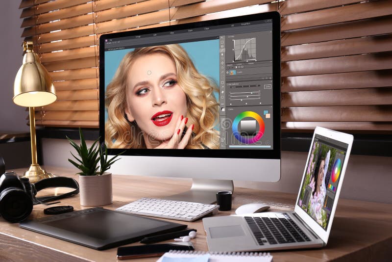 Retoucher`s Workplace. Computer with Photo Editor Application, Camera ...