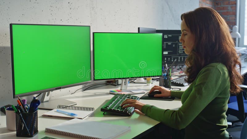 Retoucher Working Greenscreen Monitors Typing Computer Keyboard Office ...