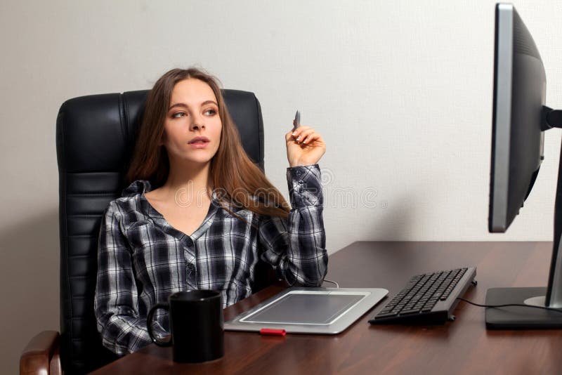 Retoucher Young Woman is Sitting in Front of Computer Stock Image ...