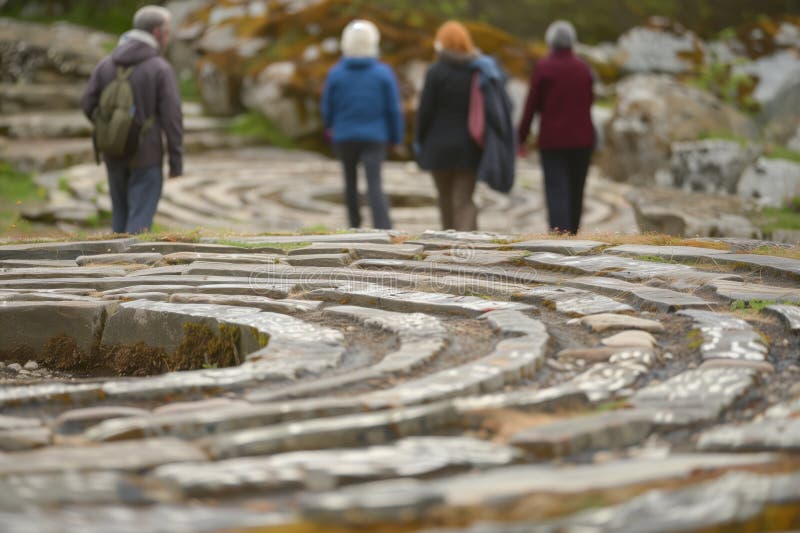Retreat Attendees Walking a Stone Labyrinth in Silence Stock Image ...