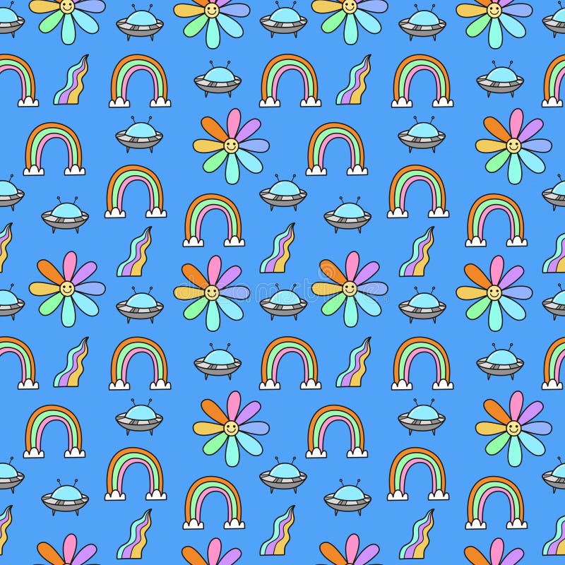 Groovy Spring Seamless Pattern with Cartoon Flowers, Rainbows, Decor ...
