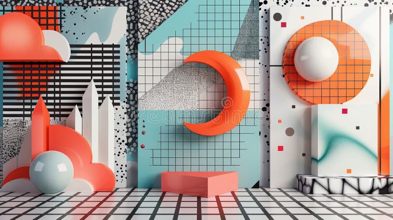 Retro Abstract Geometric Shapes with Grid Patterns 3d Rendering Image ...