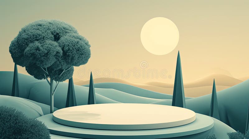 Retro Abstract Landscape Scene with Product Podium and Blue Hills Stock ...