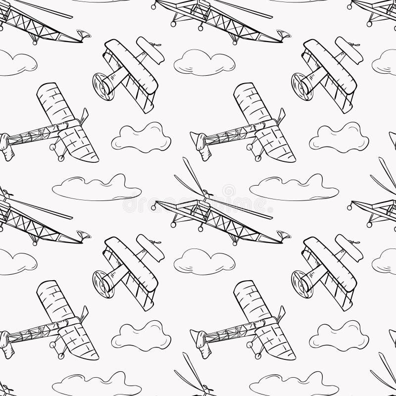 Retro Air Planes in Clouds Black White Line on Seamless Pattern ...