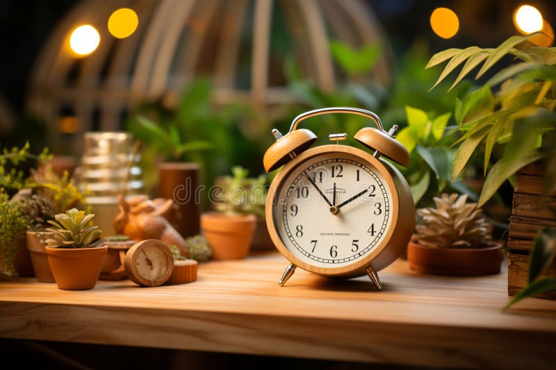 Retro Alarm Clock and Greenery Create a Charming Wooden Table Display ... Retro Alarm Clock and Greenery Create a Charming Wooden Table Display ...