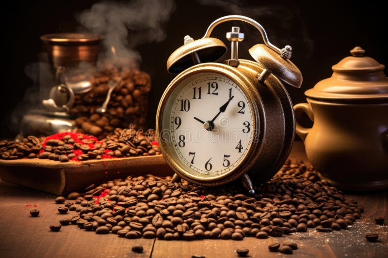 Retro Alarm Clock Surrounded by Coffee Beans Stock Illustration ...