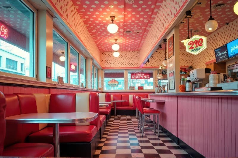 Retro American Diner Interior with Red Booths and Checkered Floor Stock ...