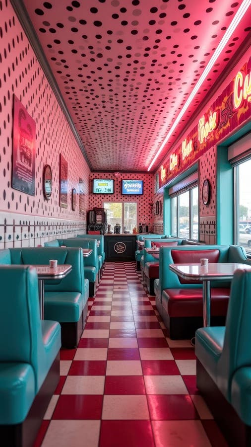 Retro American Diner Interior with Red and Teal Booths and Checkered ...
