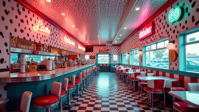 Retro 1950s Diner Interior Red Booths Checkered Floor Stock Photos ...