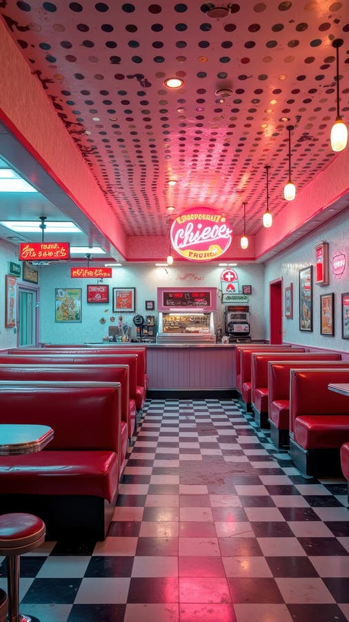 Retro American Diner with Red Booths and Checkered Floor Under Neon ...