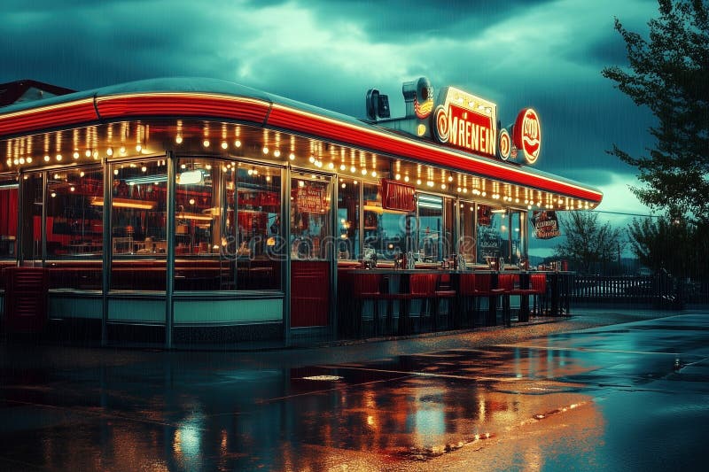 Retro American Restaurant on a Rainy Night Ai Photo Stock Illustration ...