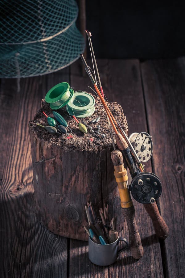 Retro Angler Equipment with Floats, Rods and Hooks Stock Photo - Image ...