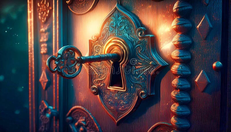 Retro Antique Key is Inserted into the Old Keyhole of the Carved Doors ...