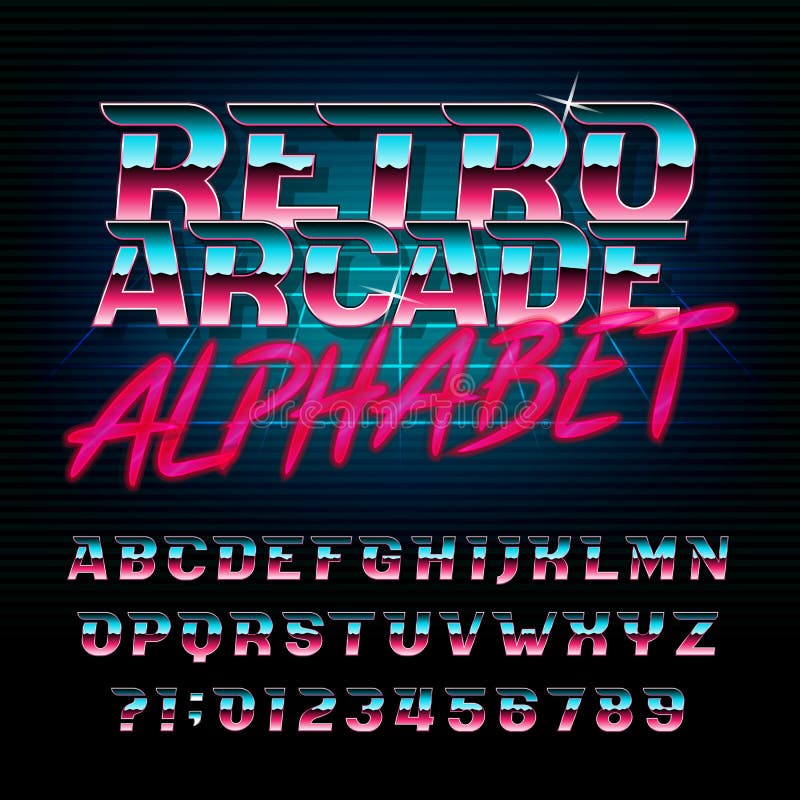 Retro Arcade Alphabet Font. Metallic Effect Shiny Oblique Letters and ...