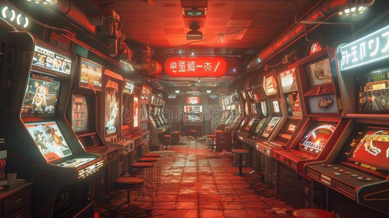 Retro Arcade Corridor with Neon Lights and Japanese Characters Stock ...