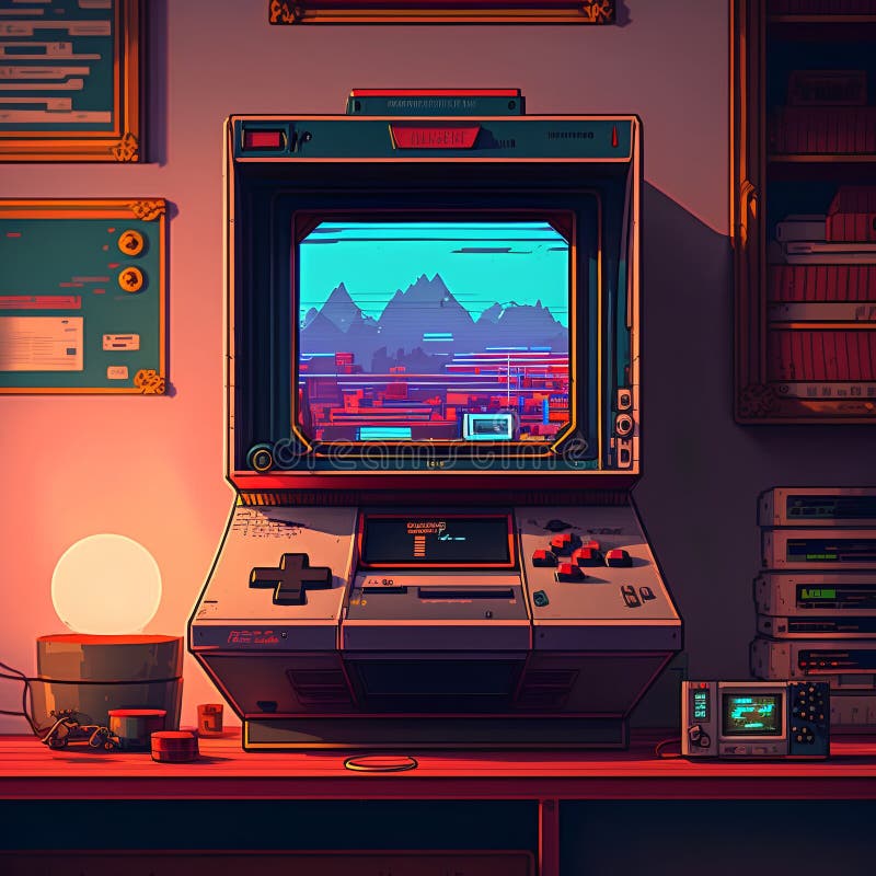 Retro Arcade Game Machine on Table. 3d Rendering Illustration Stock ...