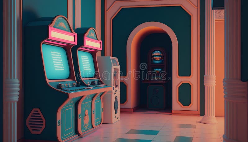 Arcade Game World. Pixel Art Retro Videogame Scene with Trailer, Camper ...