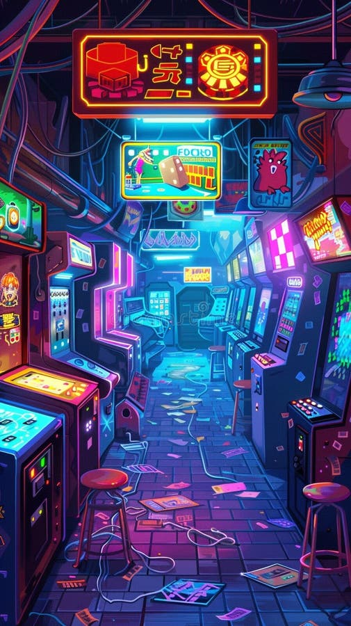 Retro Arcade with Glowing Neon Signs and Pixel Art Characters Stock ...