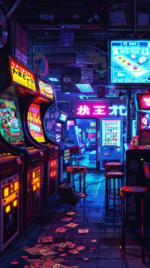 Retro Arcade with Glowing Neon Signs and Pixel Art Characters Stock ...