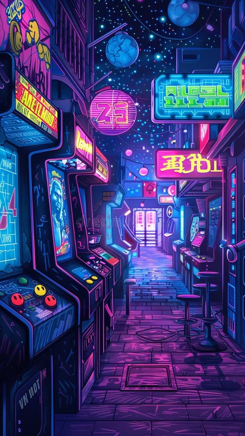 Retro Arcade with Glowing Neon Signs and Pixel Art Characters Stock ...