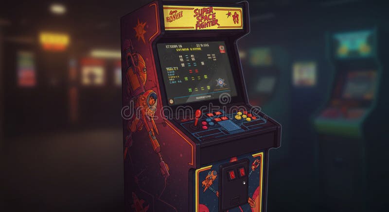 Retro Arcade Machine Featuring the Game "Super Space Fighter." the ...