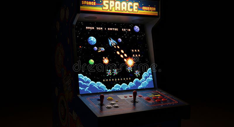 Retro Arcade Machine Featuring Space Shooter Game with Joysticks and ...