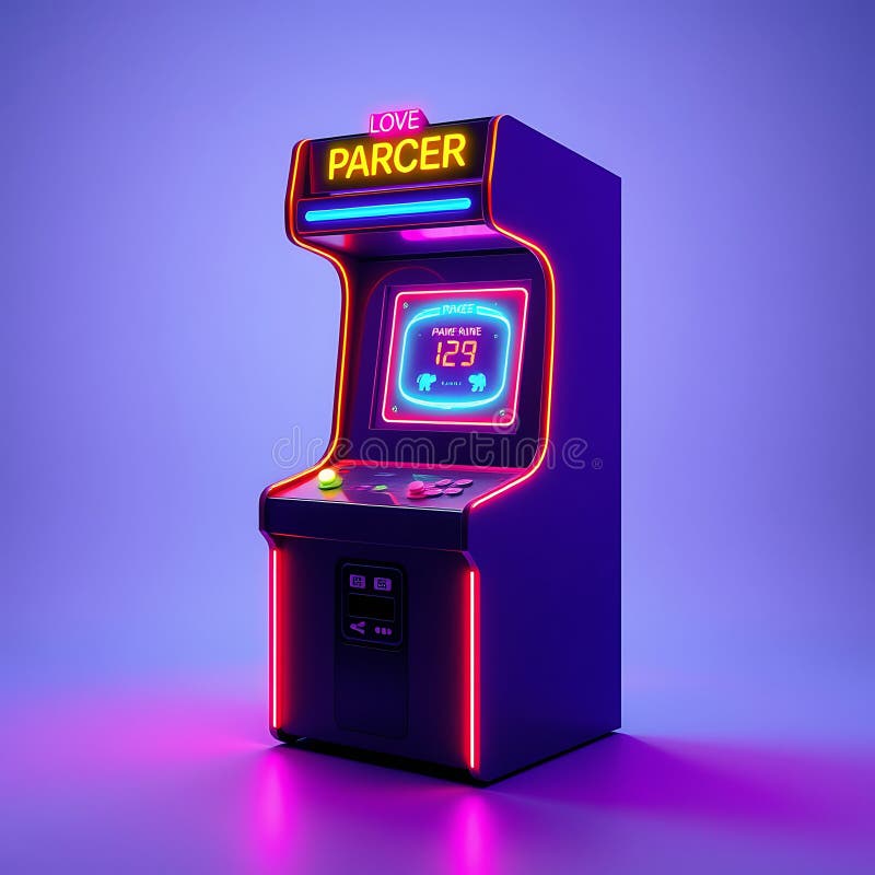 A Retro Arcade Machine Glowing in Neon Colors on a Pastel Blue Backdrop ...
