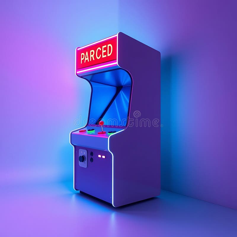 A Retro Arcade Machine Glowing in Neon Colors on a Pastel Blue Backdrop ...