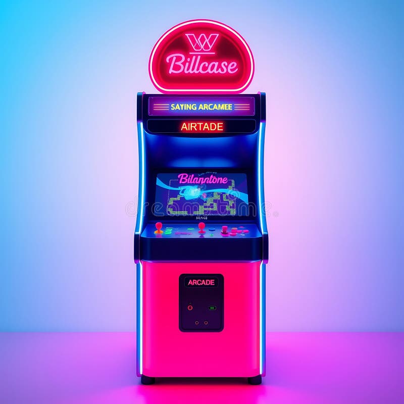 A Retro Arcade Machine Glowing in Neon Colors on a Pastel Blue Backdrop ...