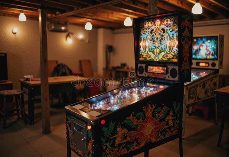 Retro Arcade Machines Illuminated in a Cozy, Empty Party Basement Stock ...