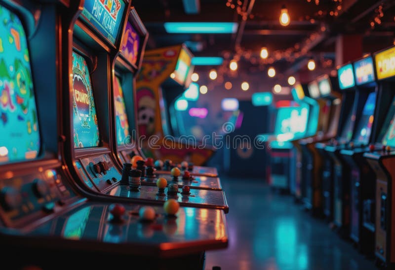Retro Arcade Machines Illuminated in a Vibrant, Empty Party Basement ...