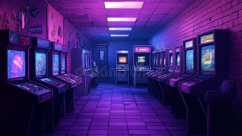 Retro Arcade with Neon Lights and Empty Gaming Machines Stock ...