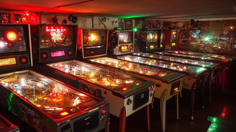 Retro Arcade Pinball Machines Illuminated Basement Stock Image - Image ...