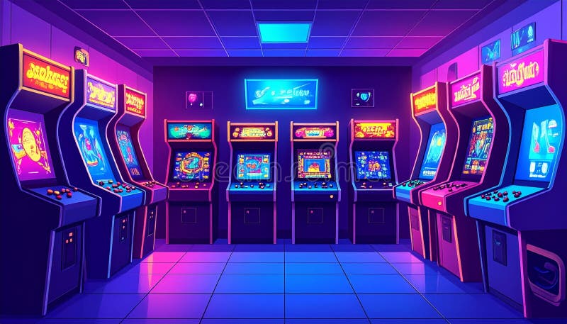 Retro Arcade Room with Neon Lights Stock Illustration - Illustration of ...